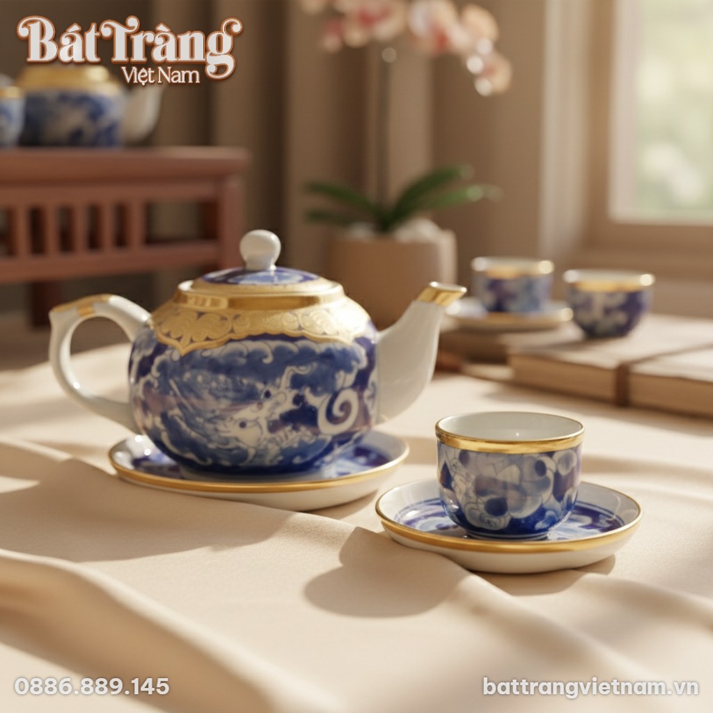 Bộ ấm chén hồng bọc đồng vàng men lam vẽ Long Ẩn 400ml BT-AC81