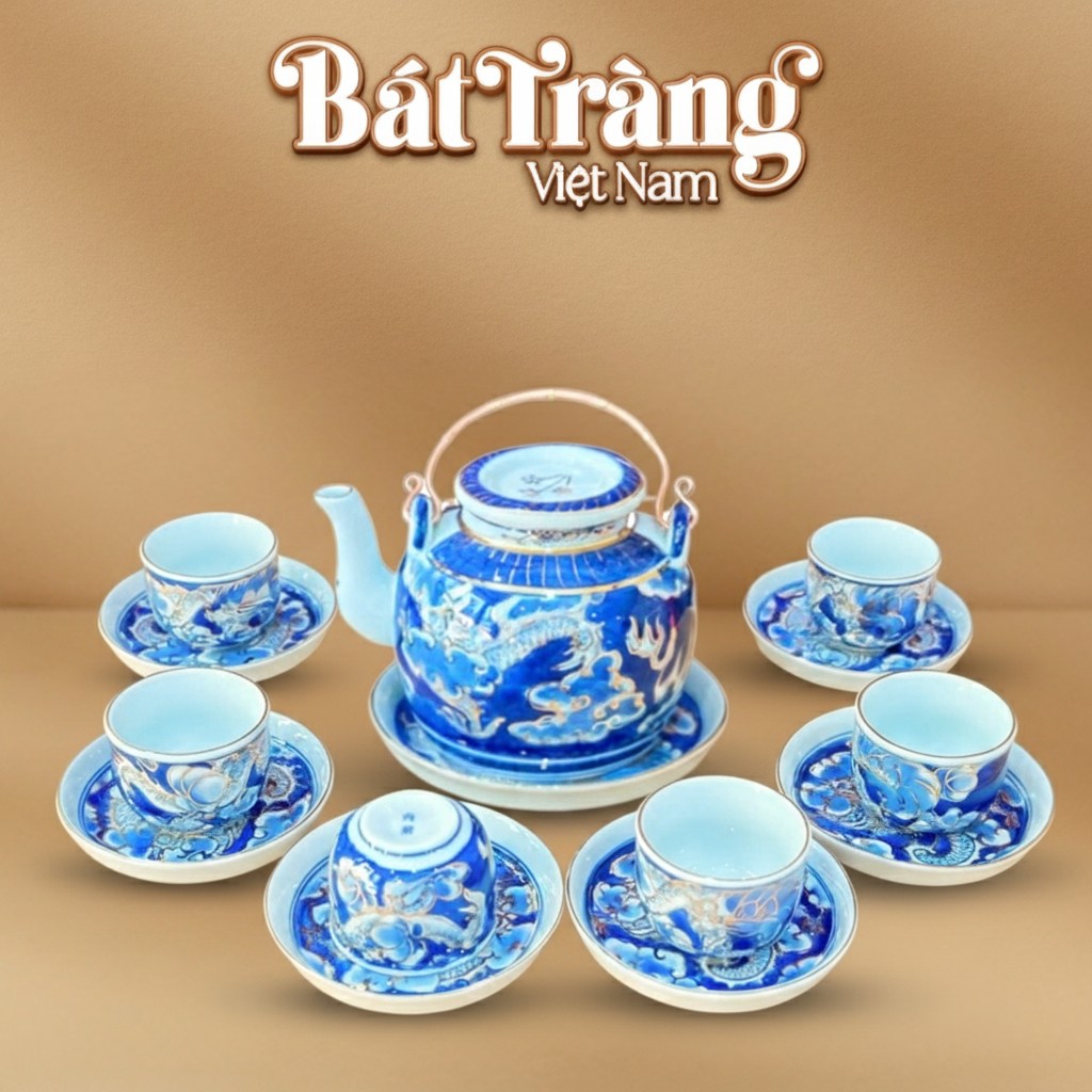 Bộ ấm chén vung lõm men lam vẽ vàng 24K Long Ẩn 400ml BT-AC80