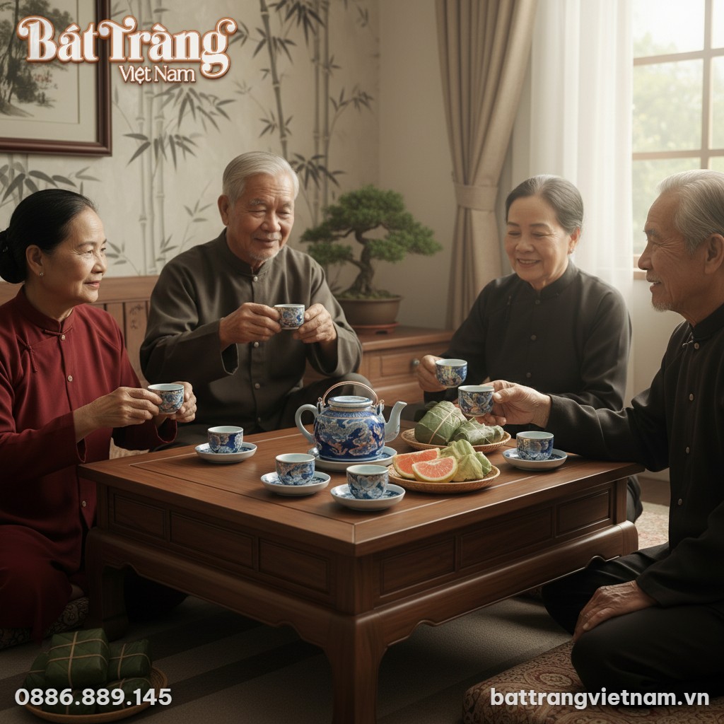 Bộ ấm chén vung lõm men lam vẽ vàng 24K Long Ẩn 400ml BT-AC80